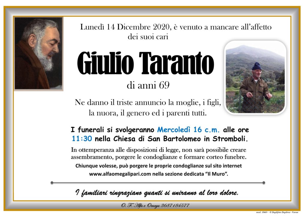 E’ morto Giulio Taranto | Il Giornale di Lipari