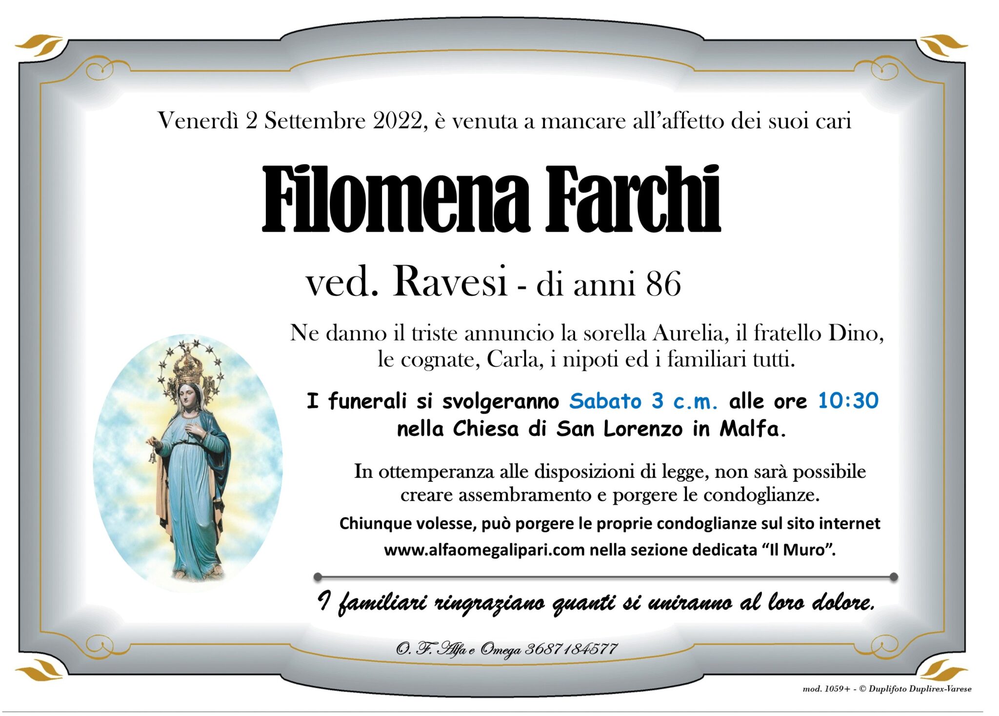 E’ morta Filomena Farchi ved. Ravesi | Il Giornale di Lipari