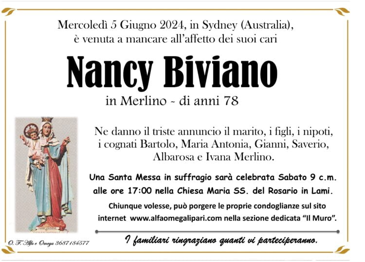 E’ morta Nancy Biviano in Merlino | Il Giornale di Lipari